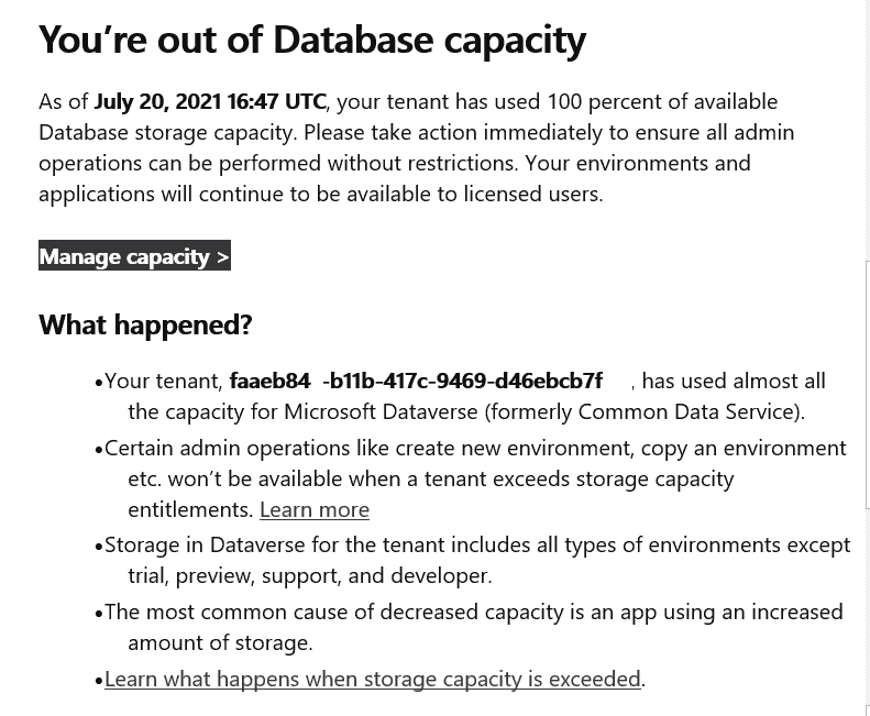 Endeavour for CRM - You're out of Database capacity - Dynamics 365